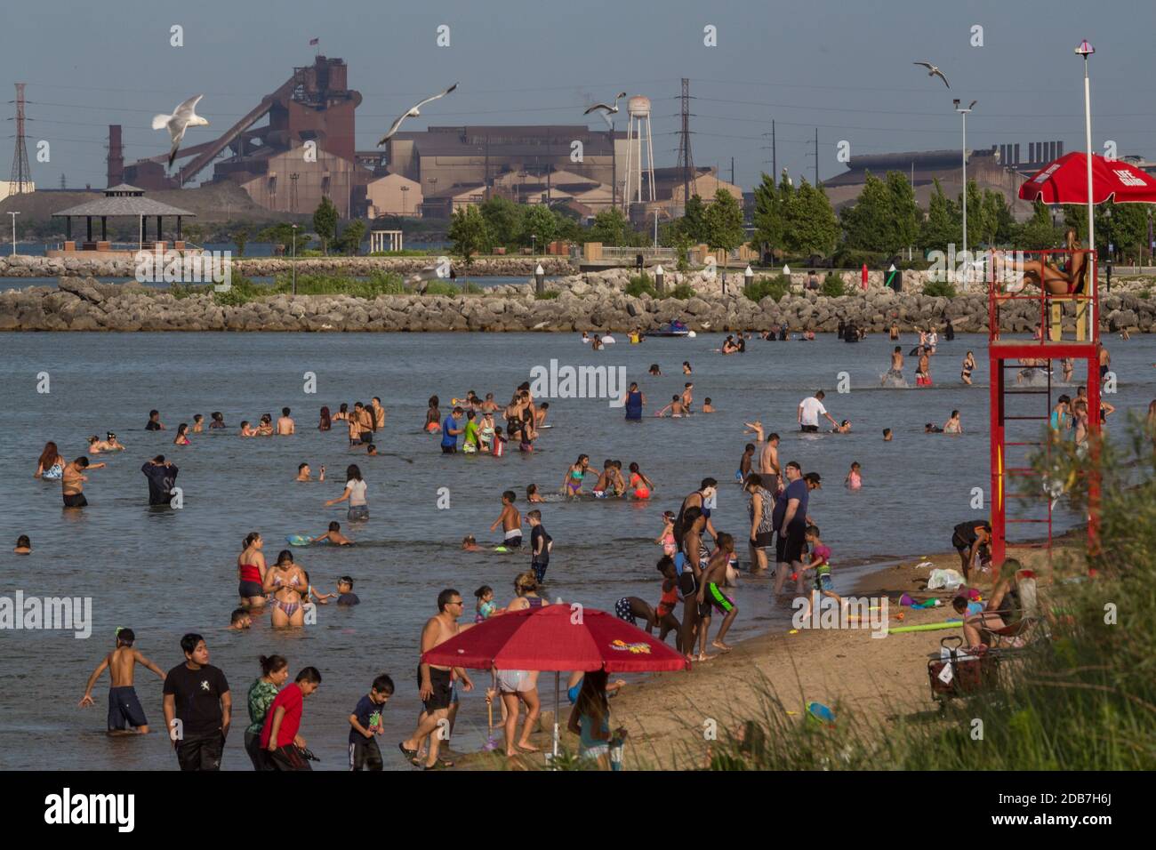 Bathers in Lake Michigan at beach in Whiting, Indiana with ...