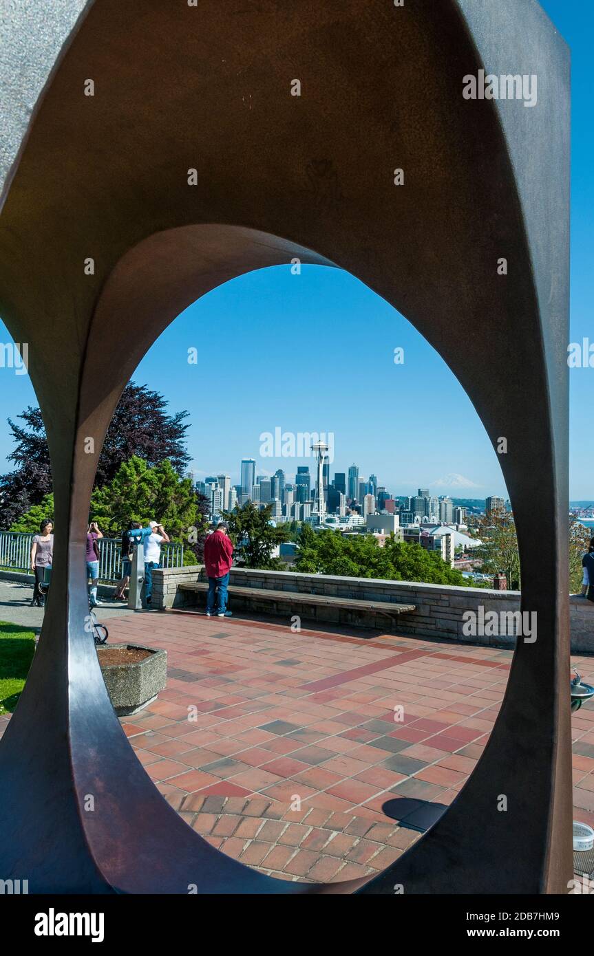 View of Seattle skyline framed by the "Changing Form" sculpture by ...
