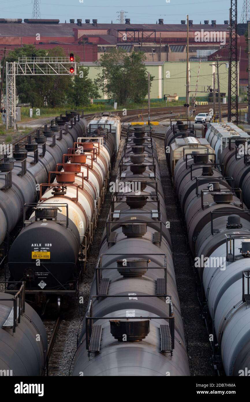 Rail yard in East Chicago, Indiana with ArcelorMittal steel mill in the ...
