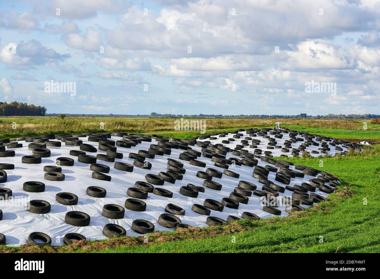 large stack of silage on field covered with plastic film and used tires ...
