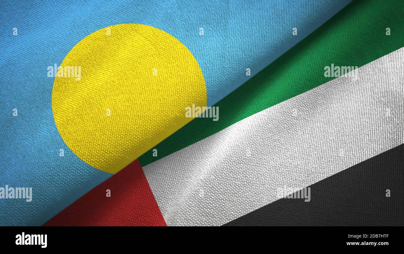 Palau and United Arab Emirates two flags textile cloth, fabric texture ...