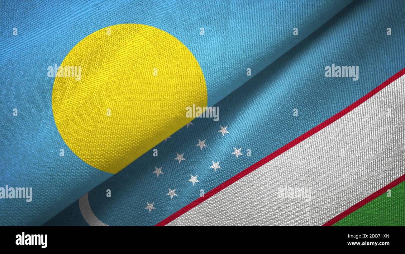 Palau and Uzbekistan two flags textile cloth, fabric texture Stock ...