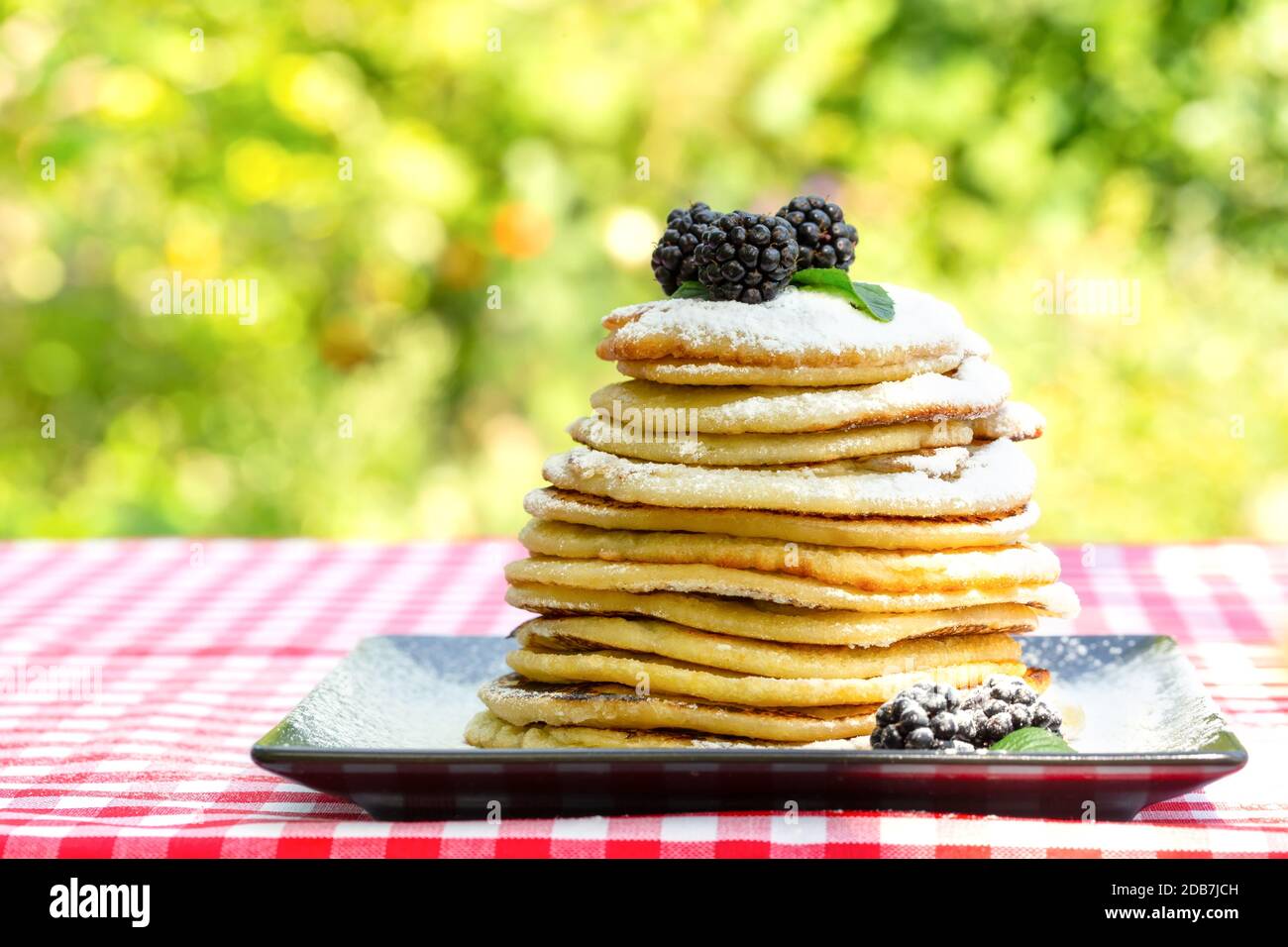 Pancakes with blackberries and icing sugar on a green natural ...