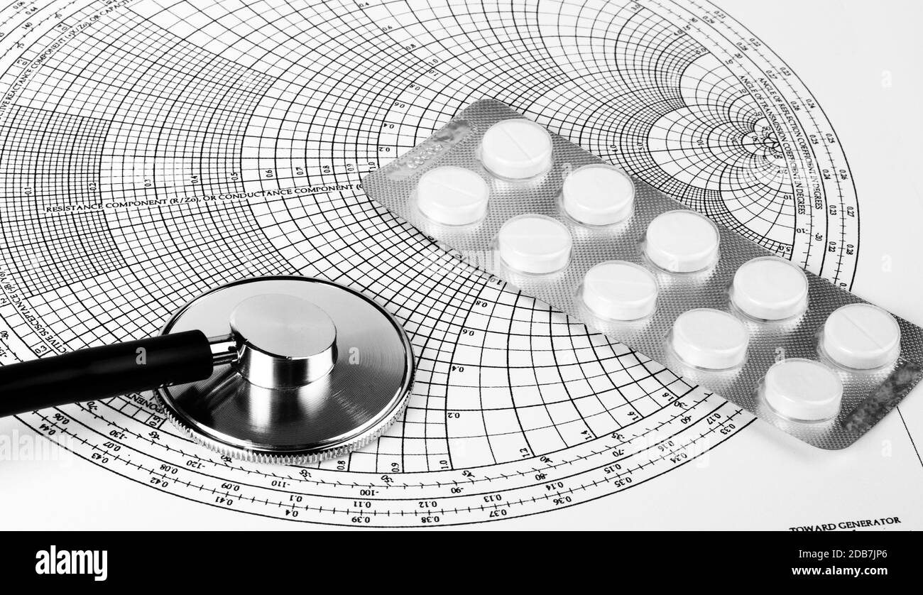Stethoscope and pills on the sheet with a diagram Stock Photo - Alamy