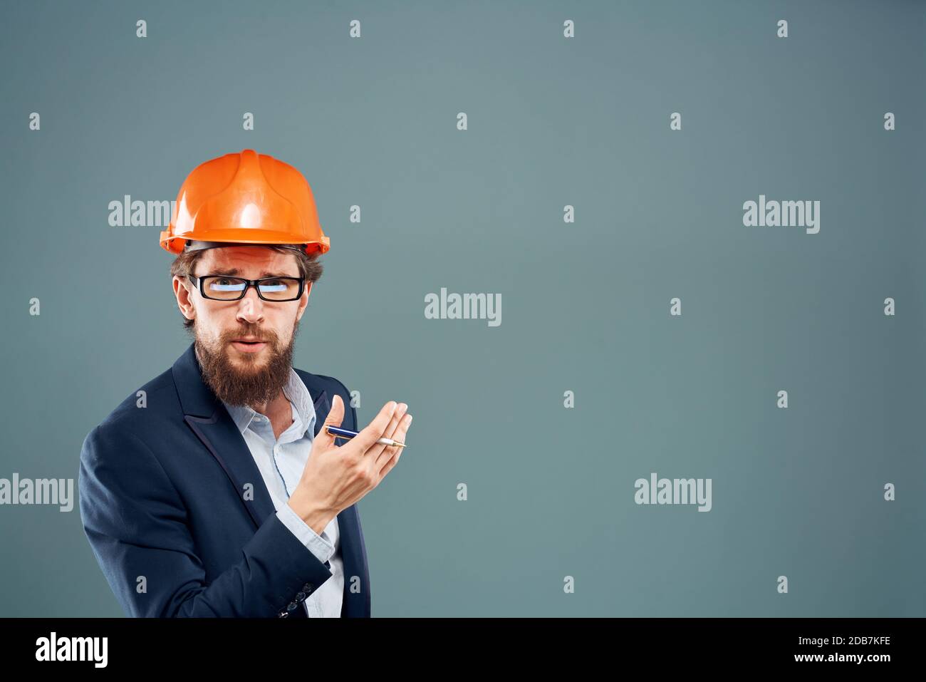 Male engineer orange hard hat construction industry emotions official ...