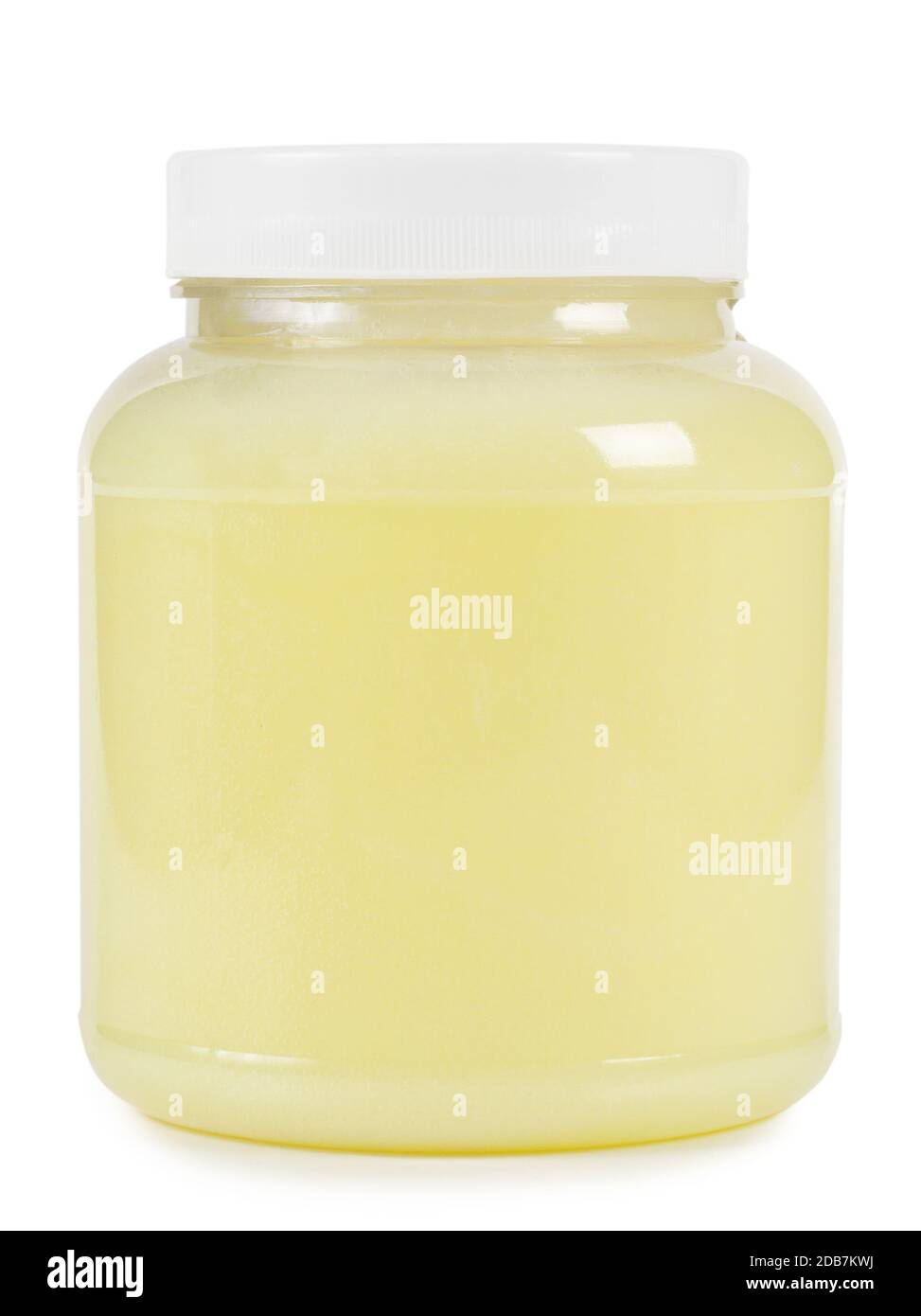 Clear plastic jar with a yellow substance isolated on white background ...