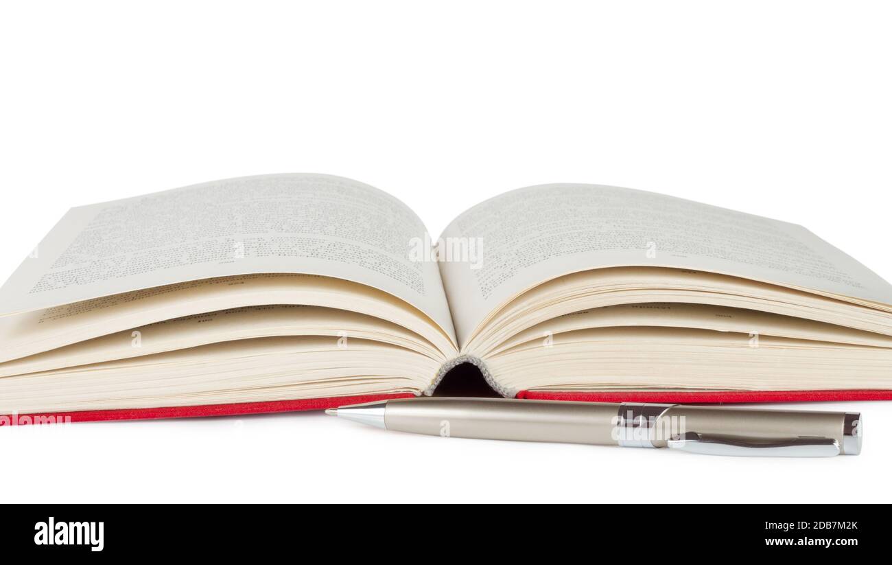 Open book with pen isolated on white background Stock Photo - Alamy