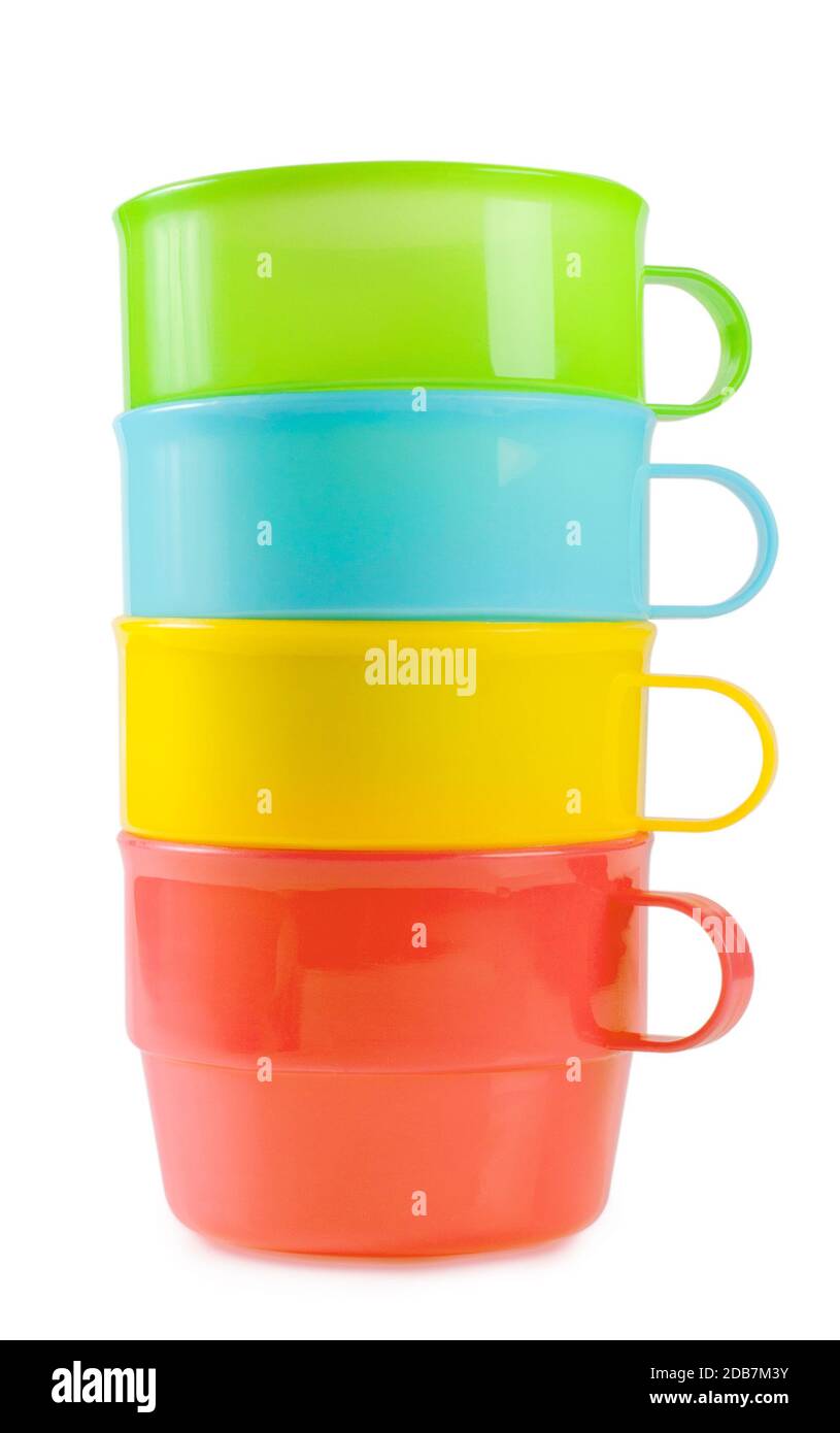 Pyramid of plastic cups isolated on white background Stock Photo - Alamy