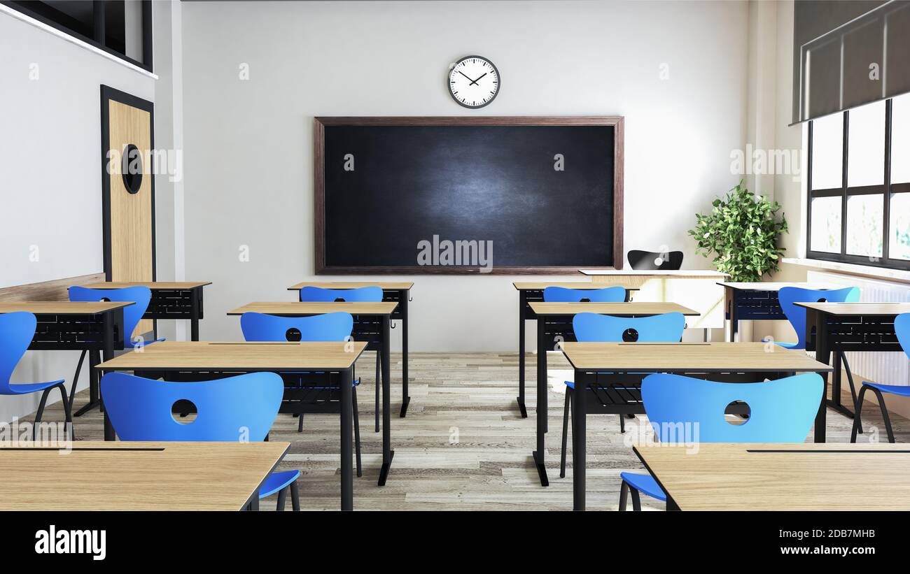 Classroom design with modern desks, seats, blackboard, watch and door ...
