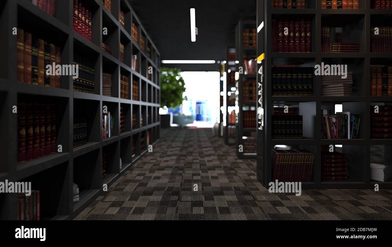 Modern library design consisting of black bookcases with carpet 3D ...