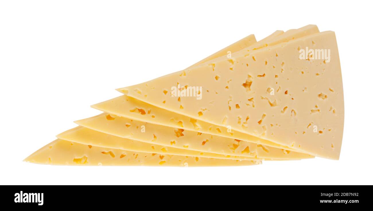 Triangular pieces of sliced cheese isolated on white background Stock ...