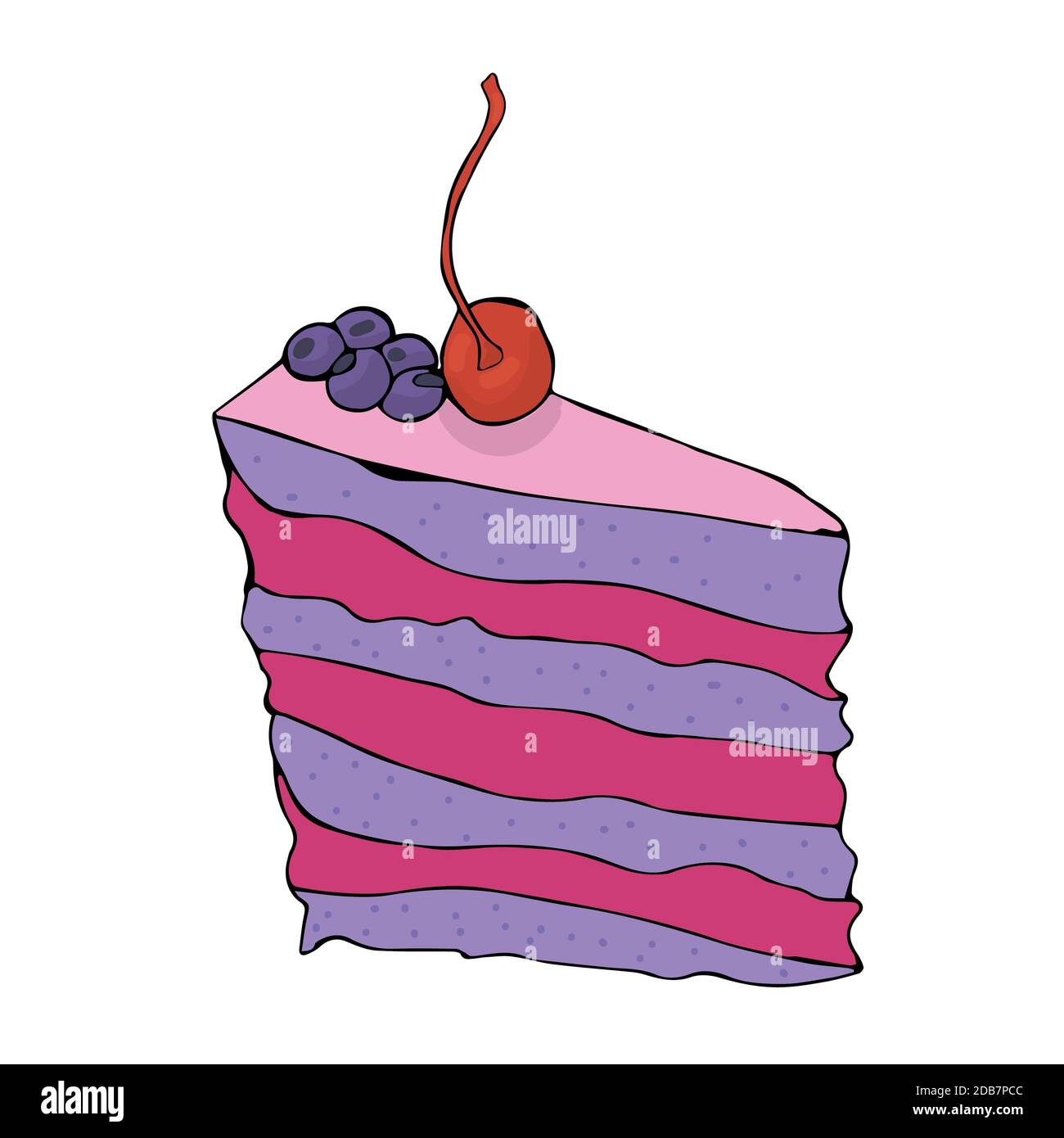 Piece of hand drawn blueberry cake with cherry. Vector illustration ...
