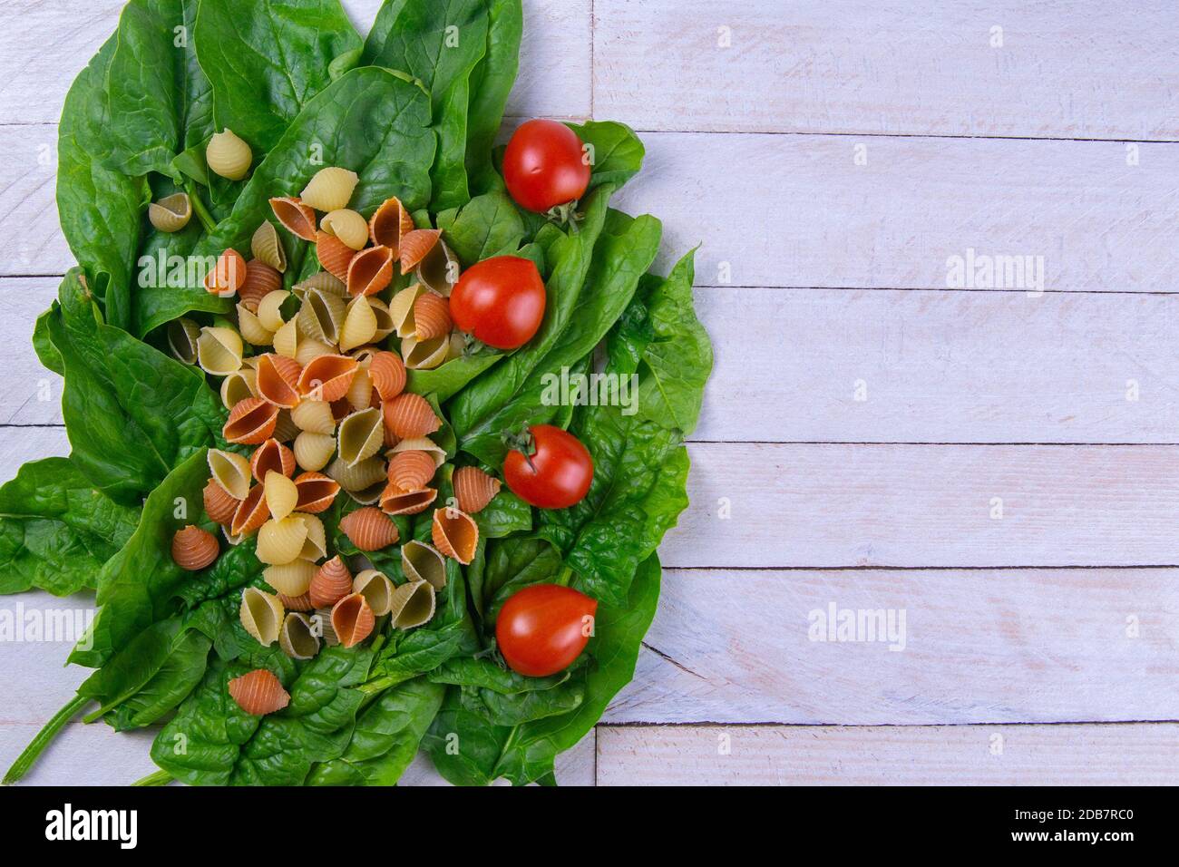 Raw conchiglie pasta with spinach and tomato. Italian Cuisine. Vegan ...