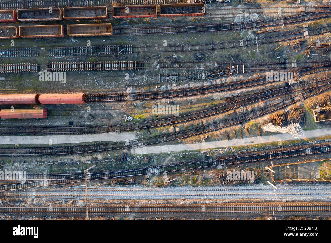 Aerial view of various railway carriage trains with goods on the ...
