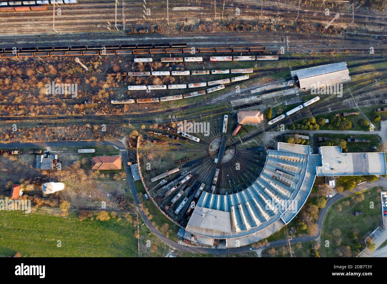 Aerial view of various railway carriage trains with goods on the ...