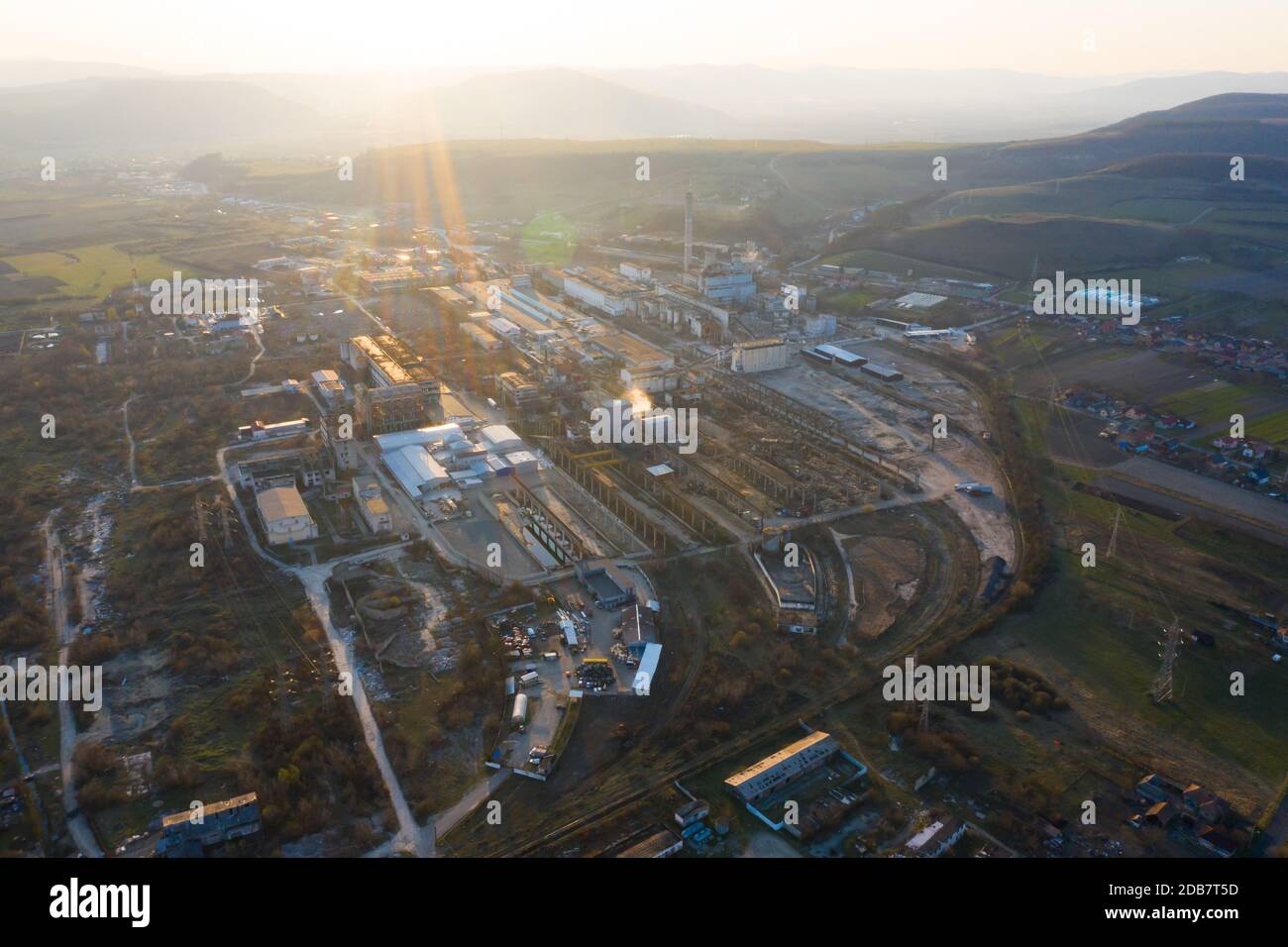 Aerial drone view over industrial zone of Romania. Urban buildings ...
