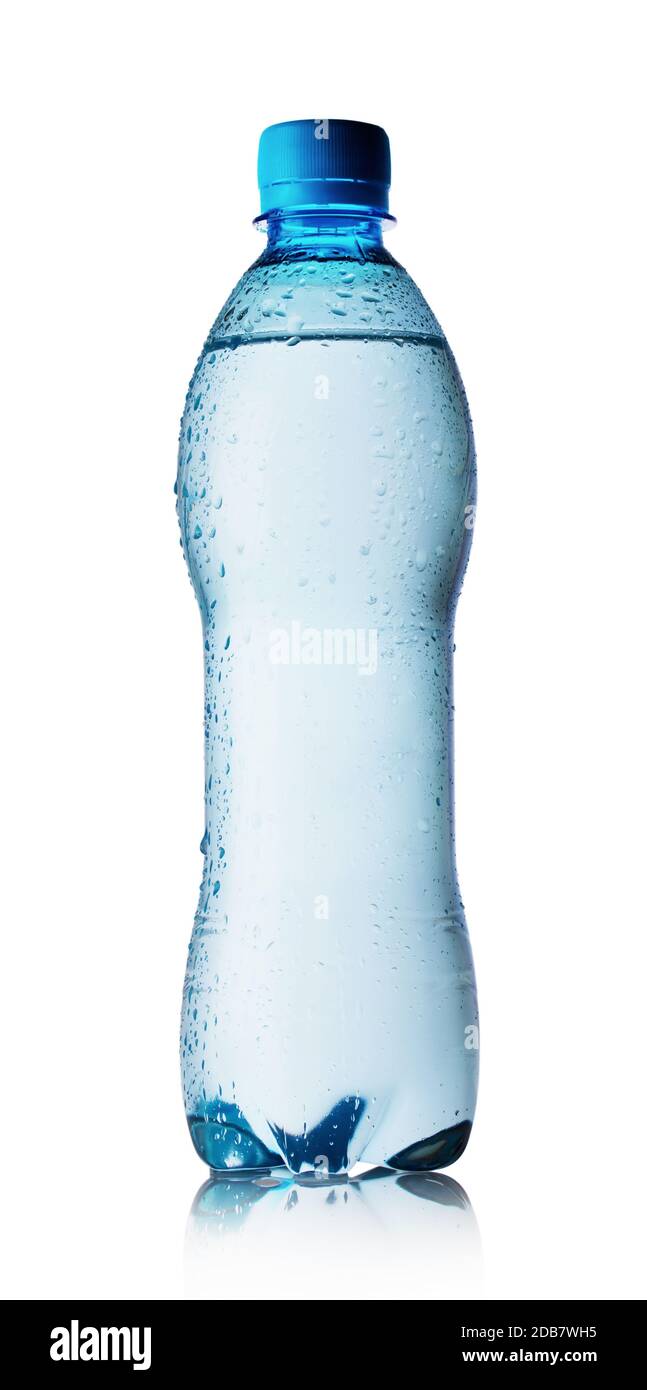 Blue bottle of pure water with drops isolated on white background Stock ...