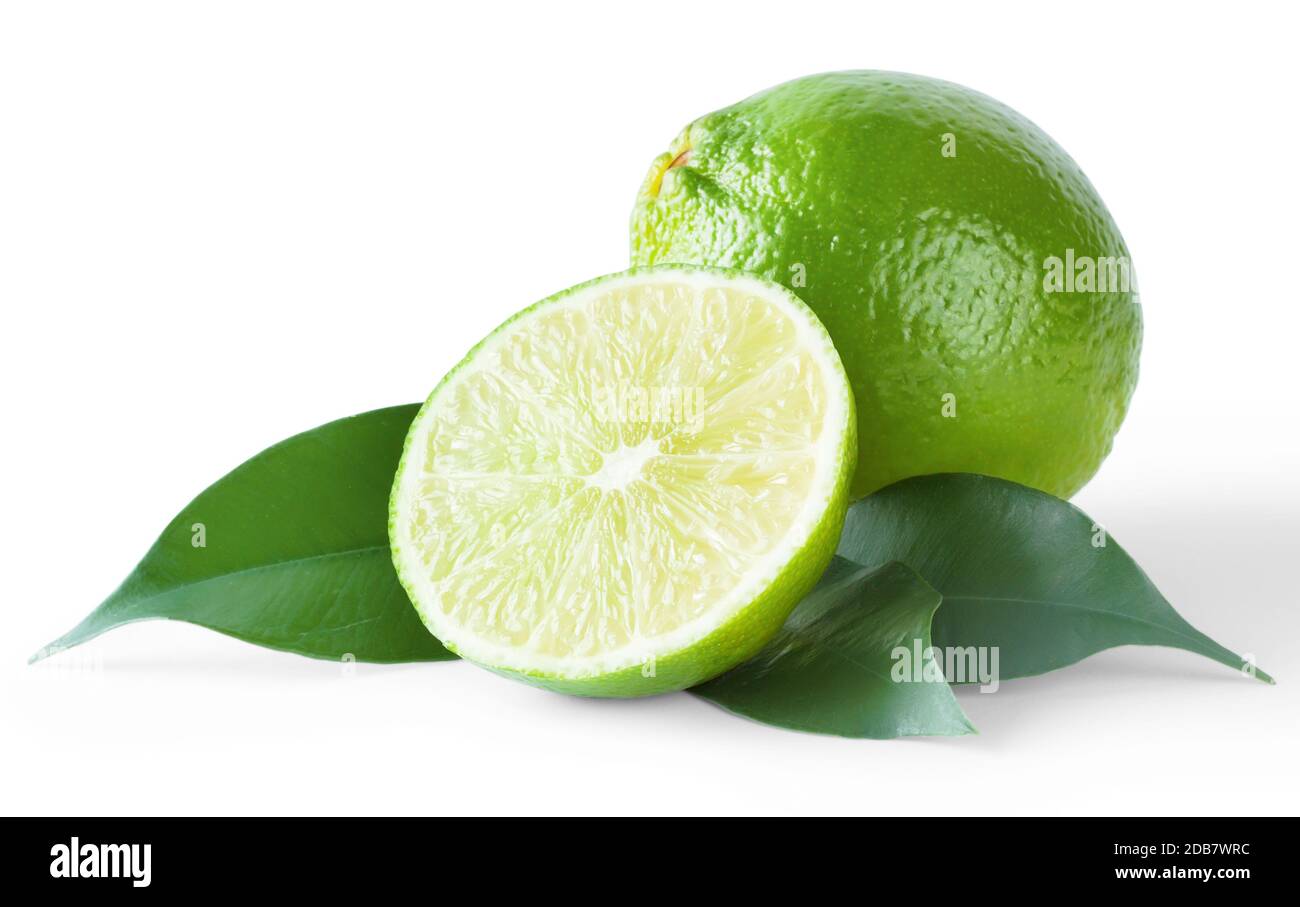 Ripe bright lime with leaves isolated on white background Stock Photo ...