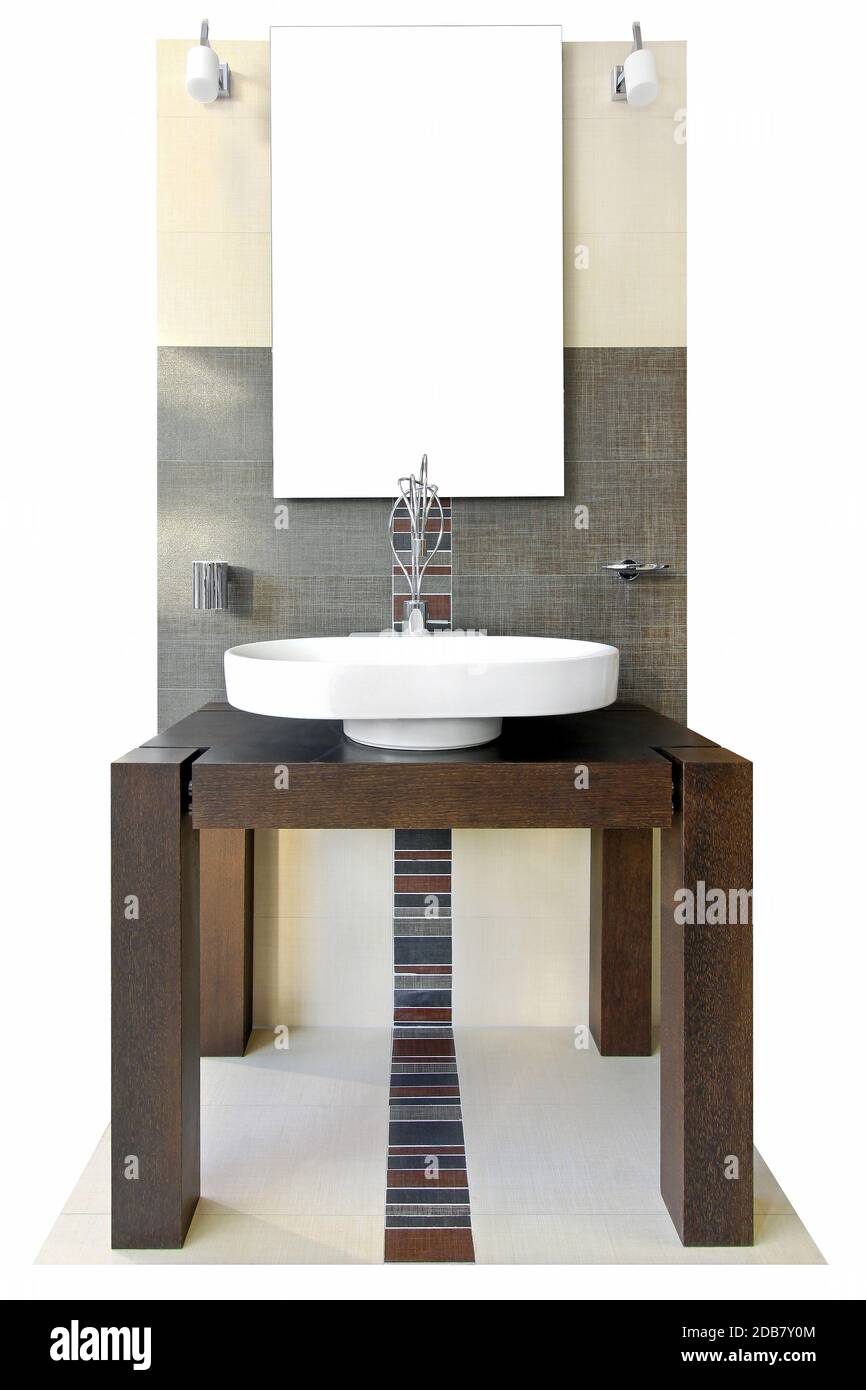 Front view of modern wash basin with wooden stand Stock Photo - Alamy
