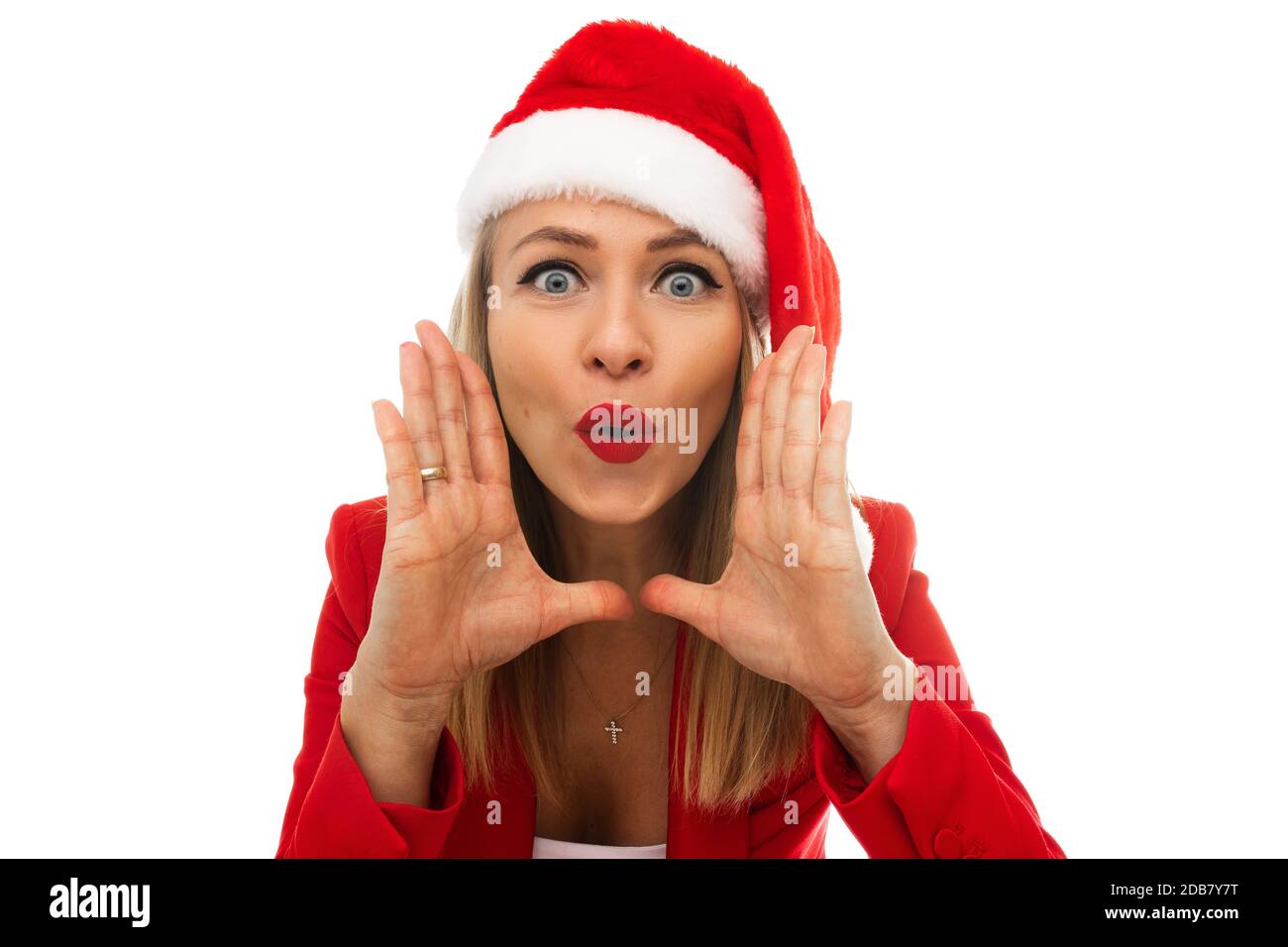 New Year concept photo of young lady in Santa hat Stock Photo - Alamy