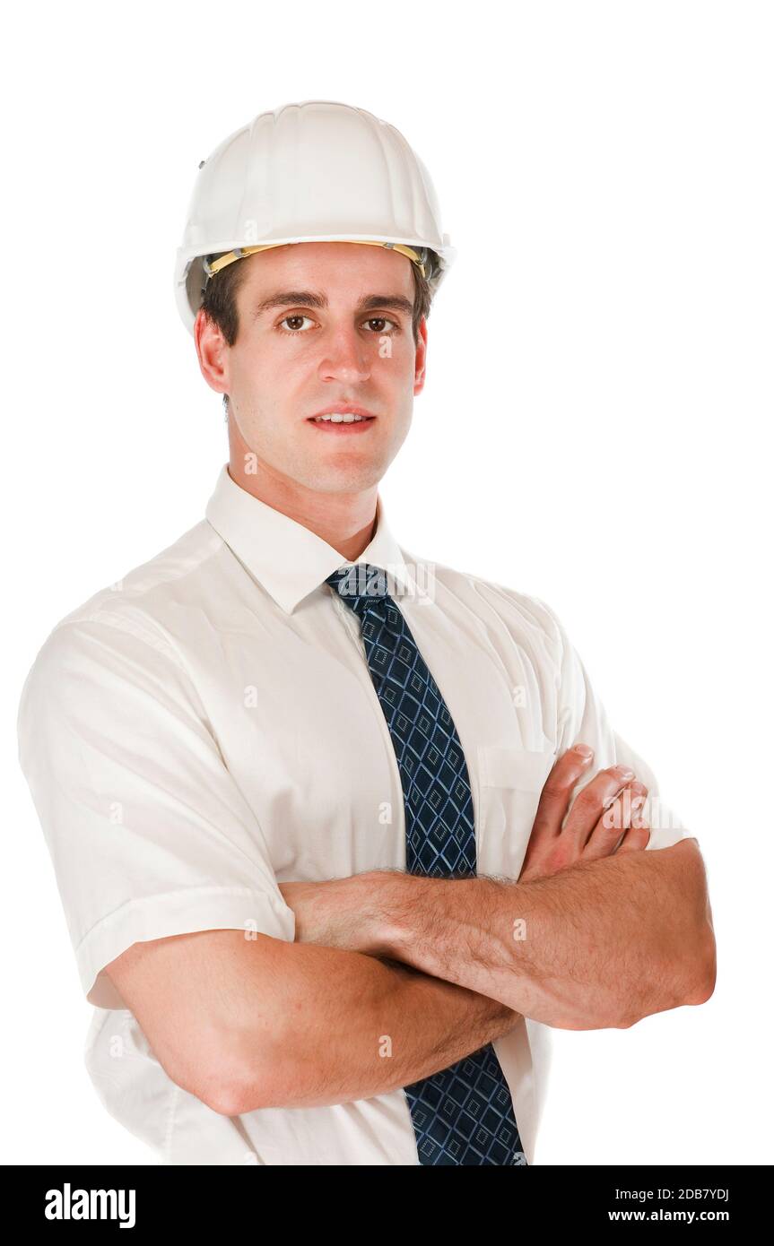 Slight side upper body view of a young man with crossed arms, white ...