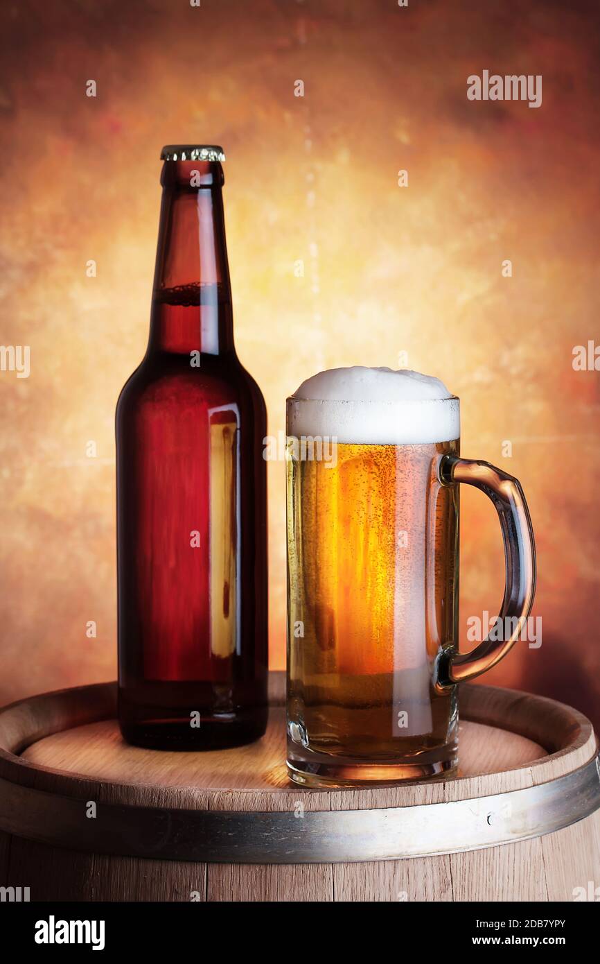 White beer bottle wooden barrel hi-res stock photography and images - Alamy