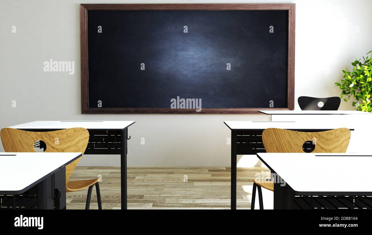 Classroom design with modern desks, seats, blackboard, watch and door ...