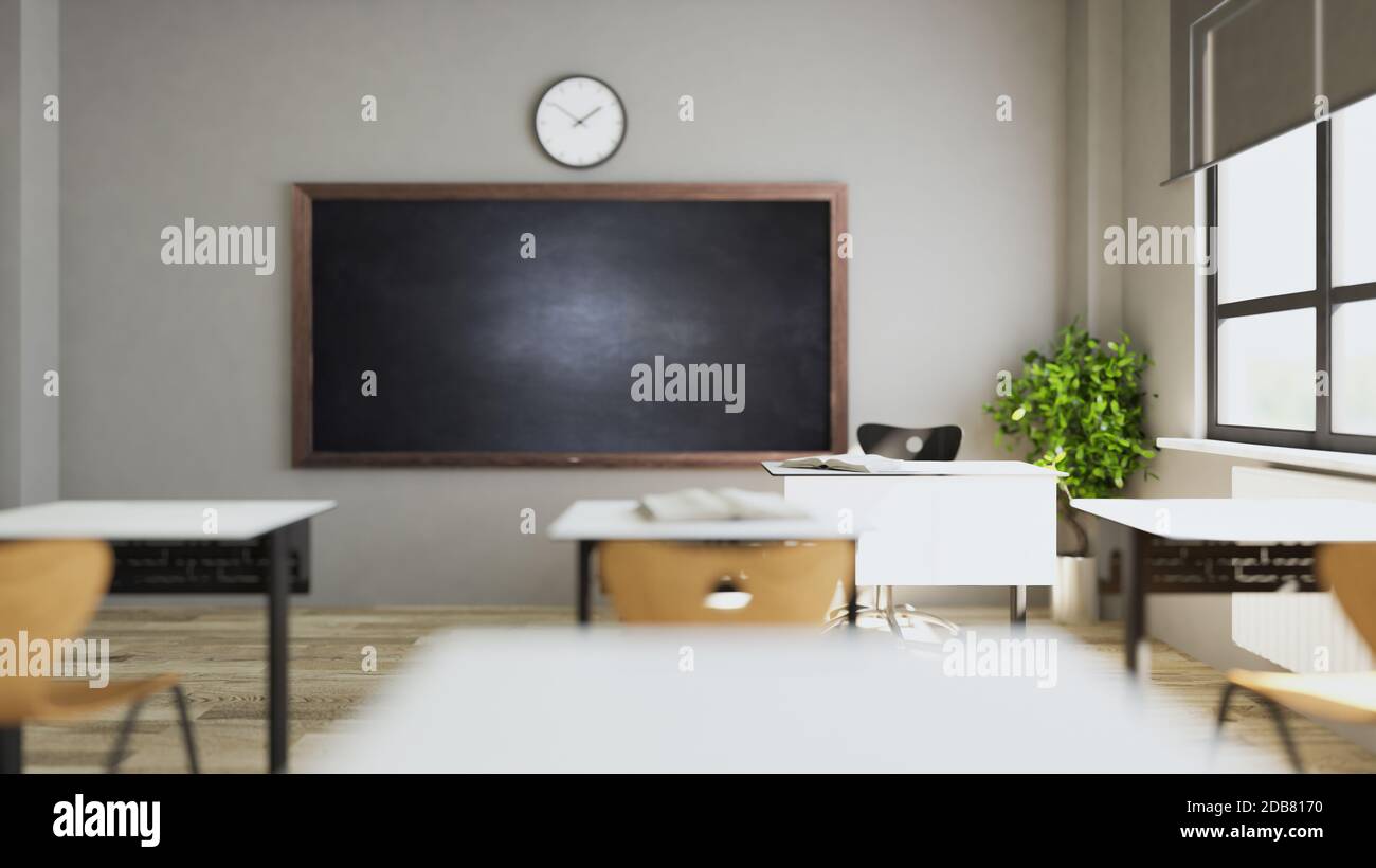 Classroom design with modern desks, seats, blackboard, watch and door ...