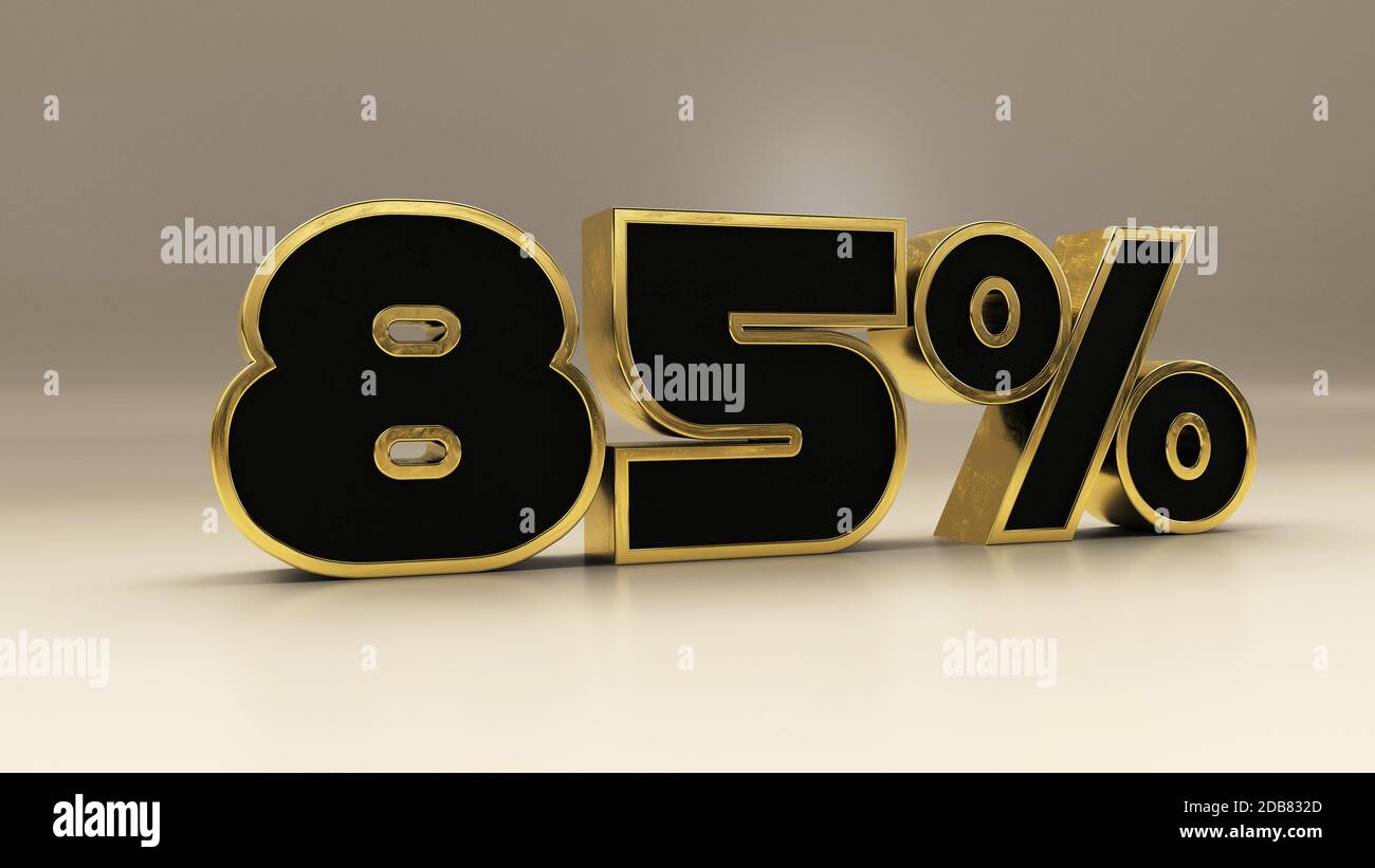 85 percent 3d gold and black luxury text isolated on white, 3d render ...