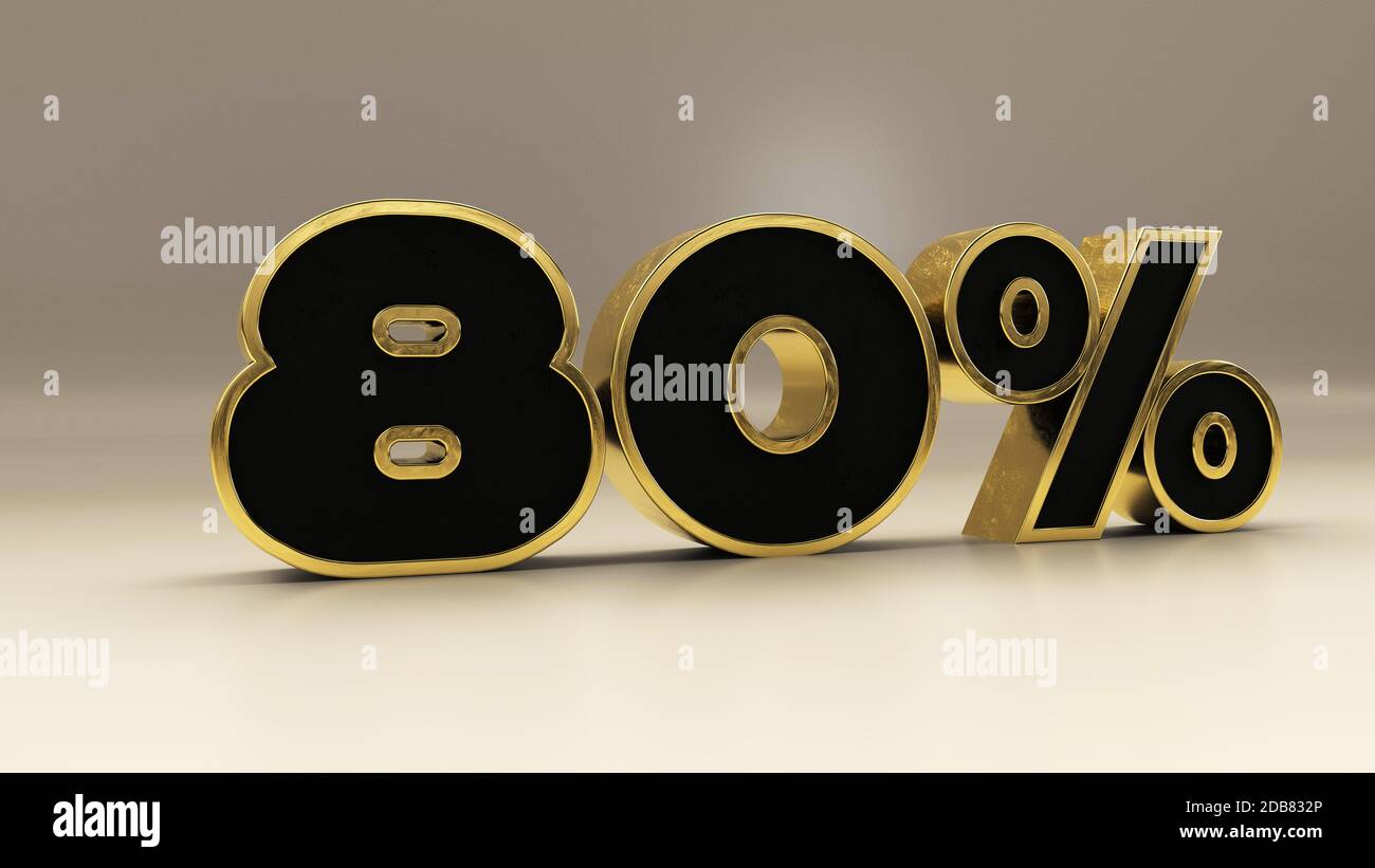 80 percent 3d gold and black luxury text isolated on white, 3d render ...