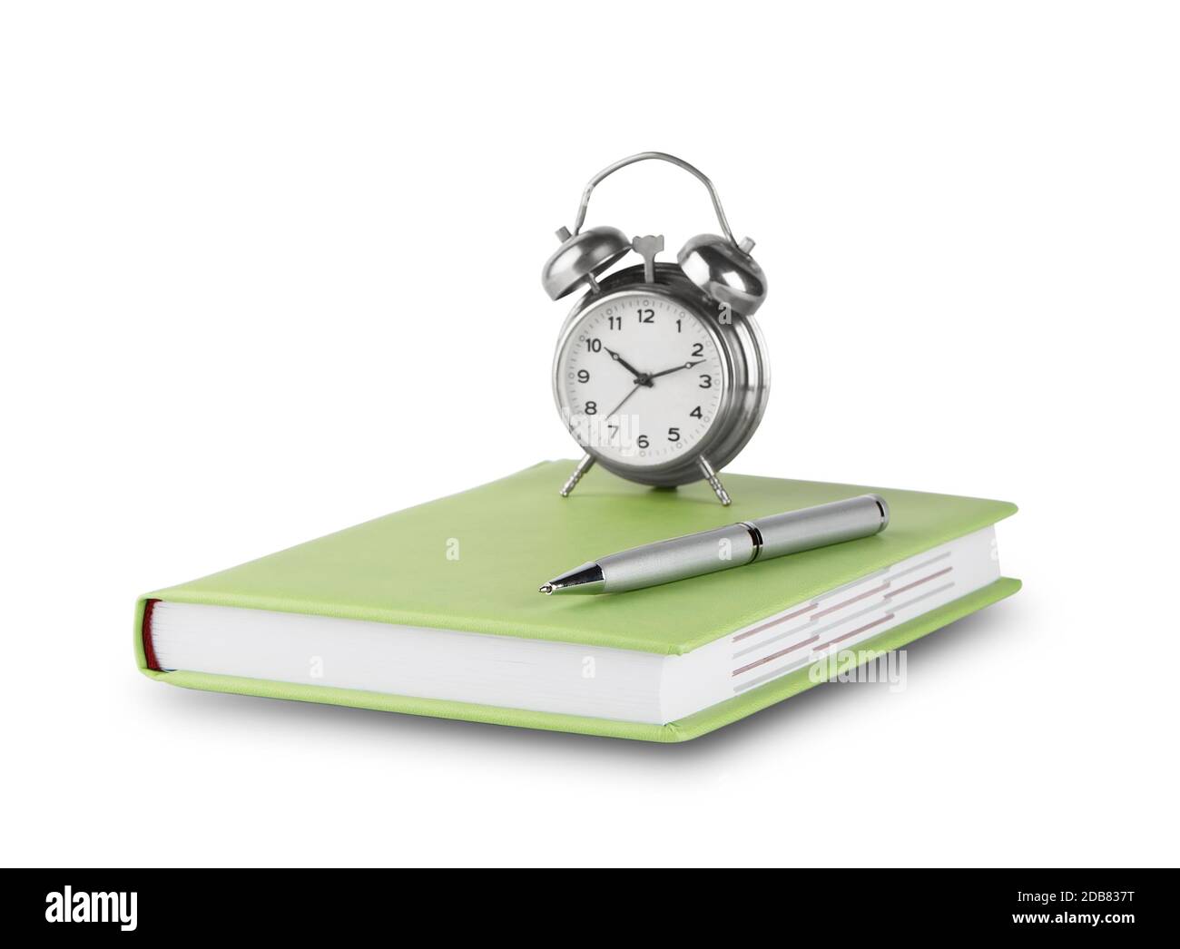 Diary with pen and alarm clock isolated on white background Stock Photo ...