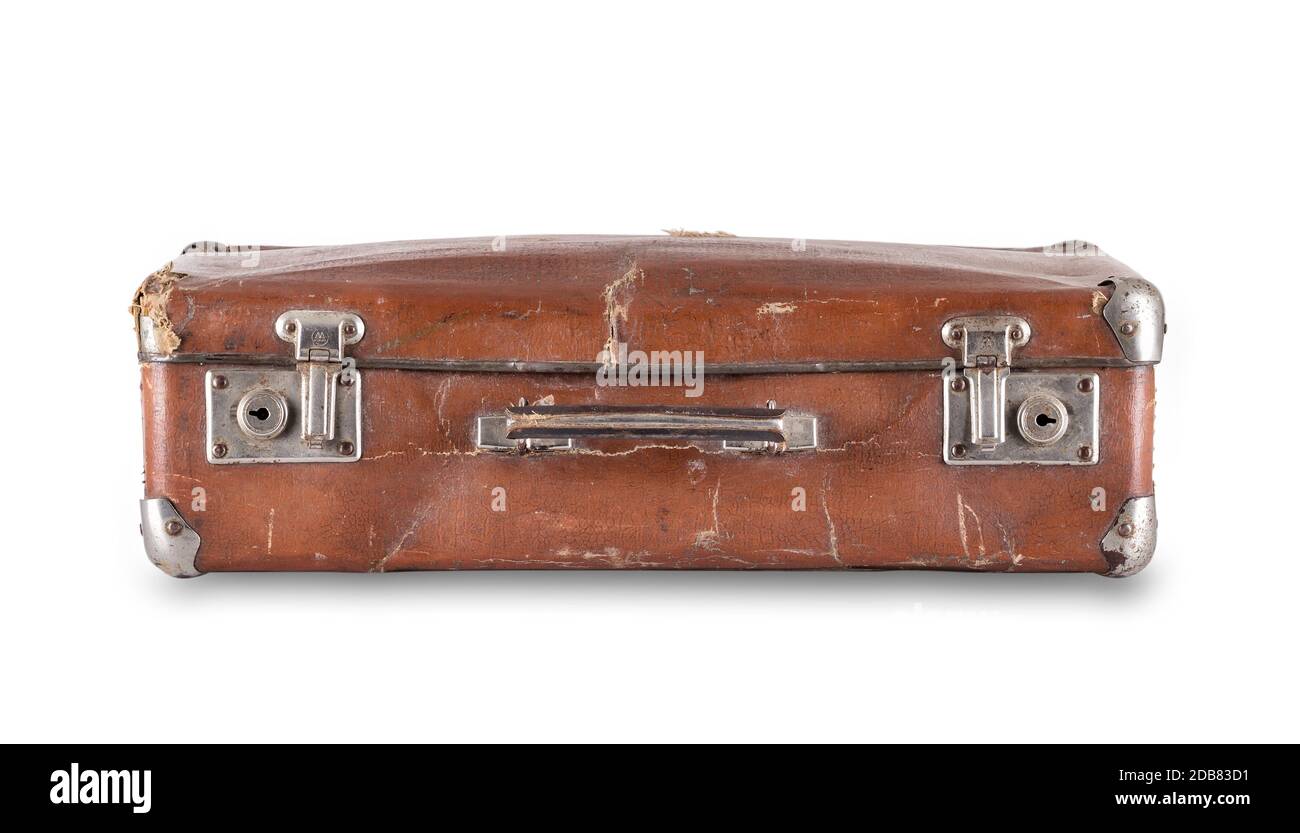 Brown suitcase lying isolated on white background Stock Photo - Alamy