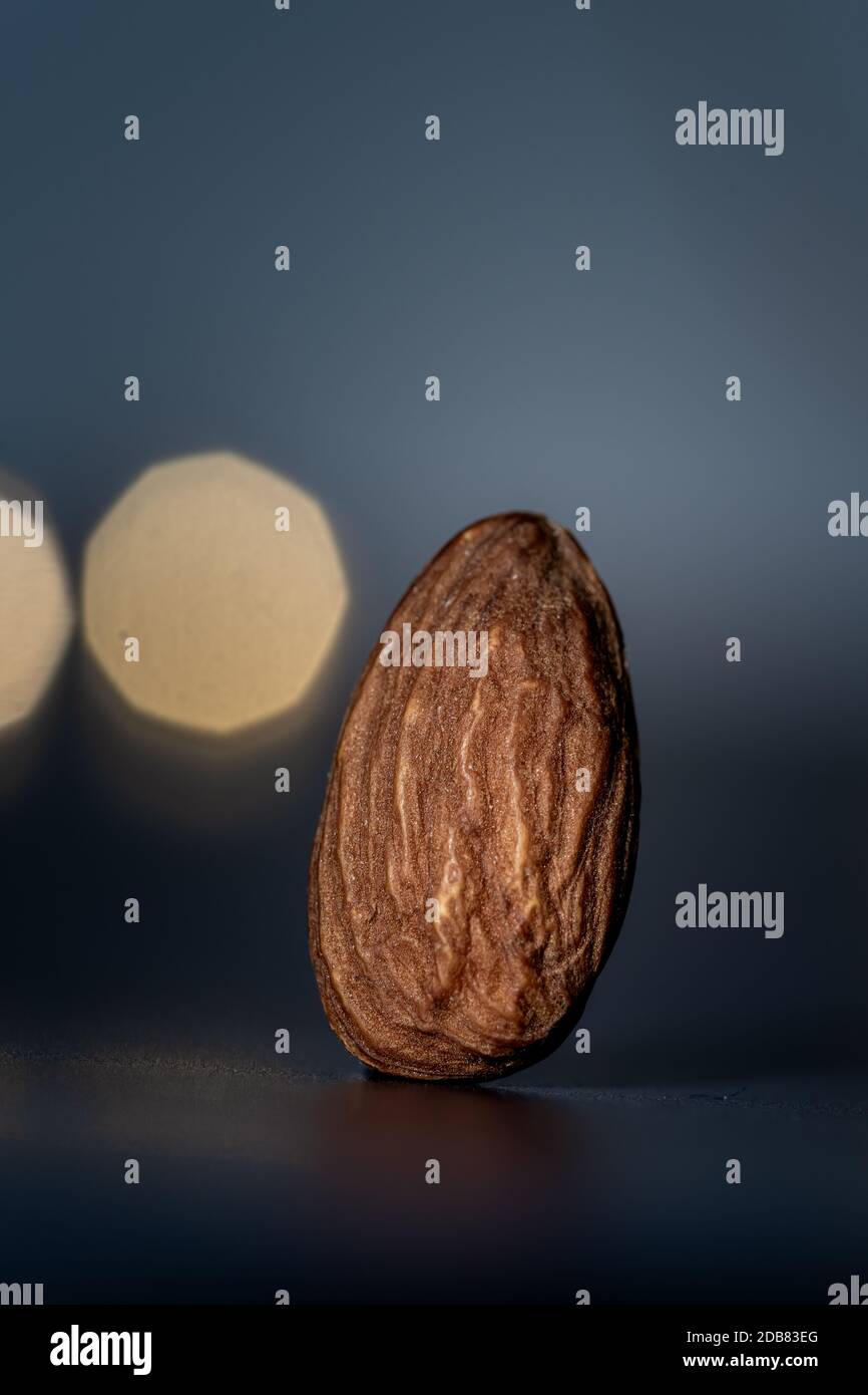 Close-up of an isolated almond standing up on a dark table in a dark ...