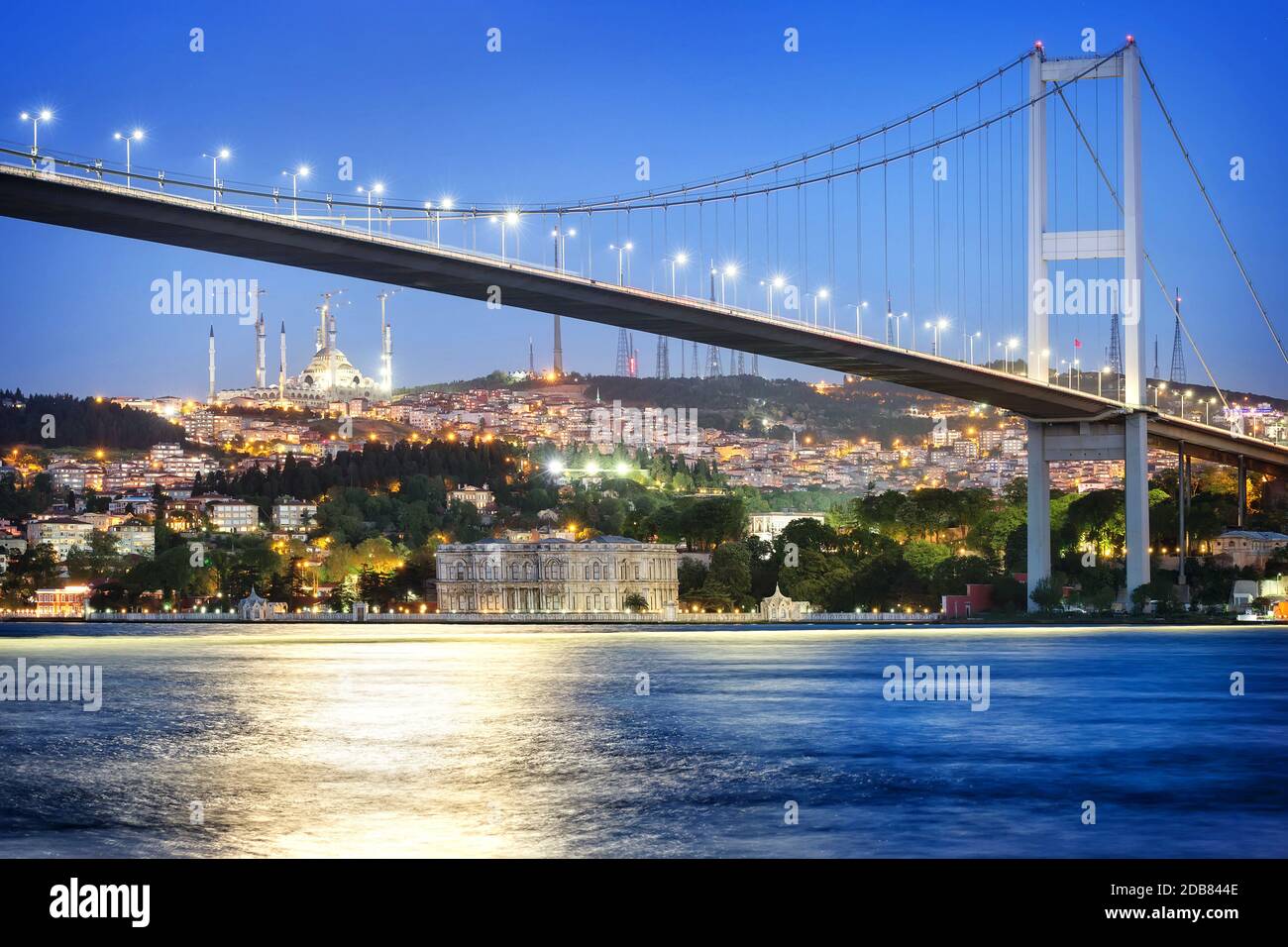 Bosphorus Bridge at night with moon path. Istanbul, Turkey Stock Photo ...
