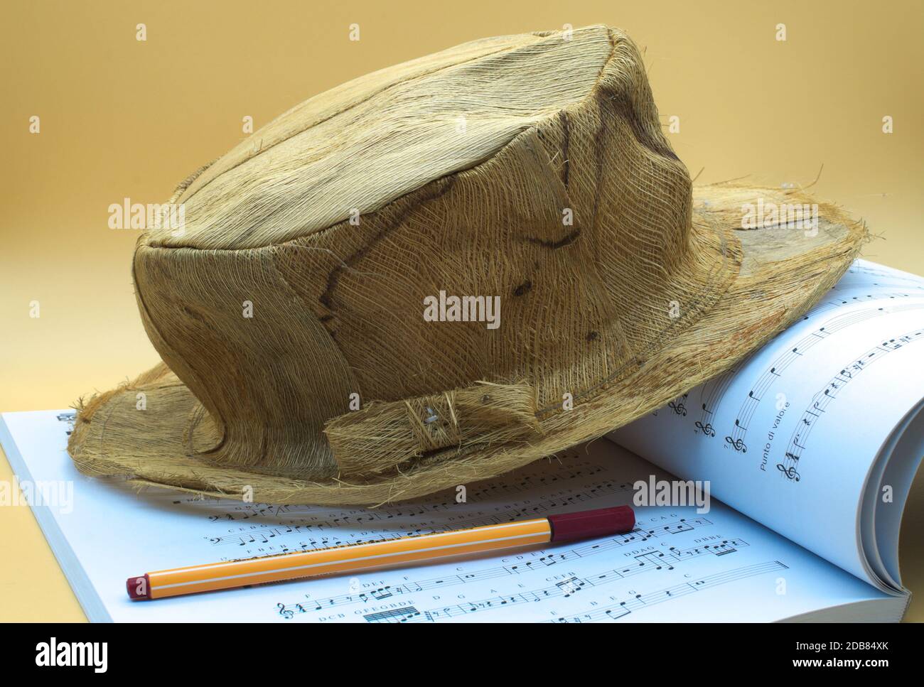 Handmade palm leaf hat isolated on neutral orange background Stock ...