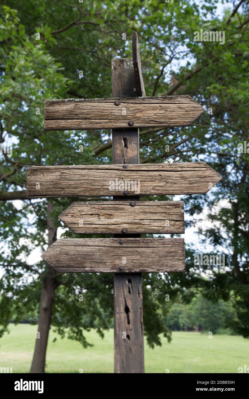 Wooden Arrows Direction Sign Post Against Nature Background Stock Photo ...