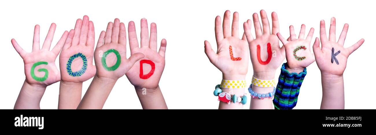 Kids Hands Holding Colorful English Word Good Luck. White Isolated ...