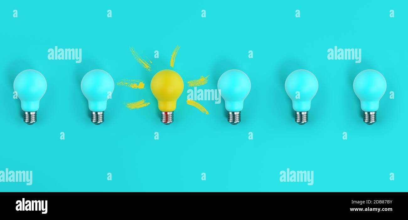 One light bulb on among many off. cyan background. Concept of ...
