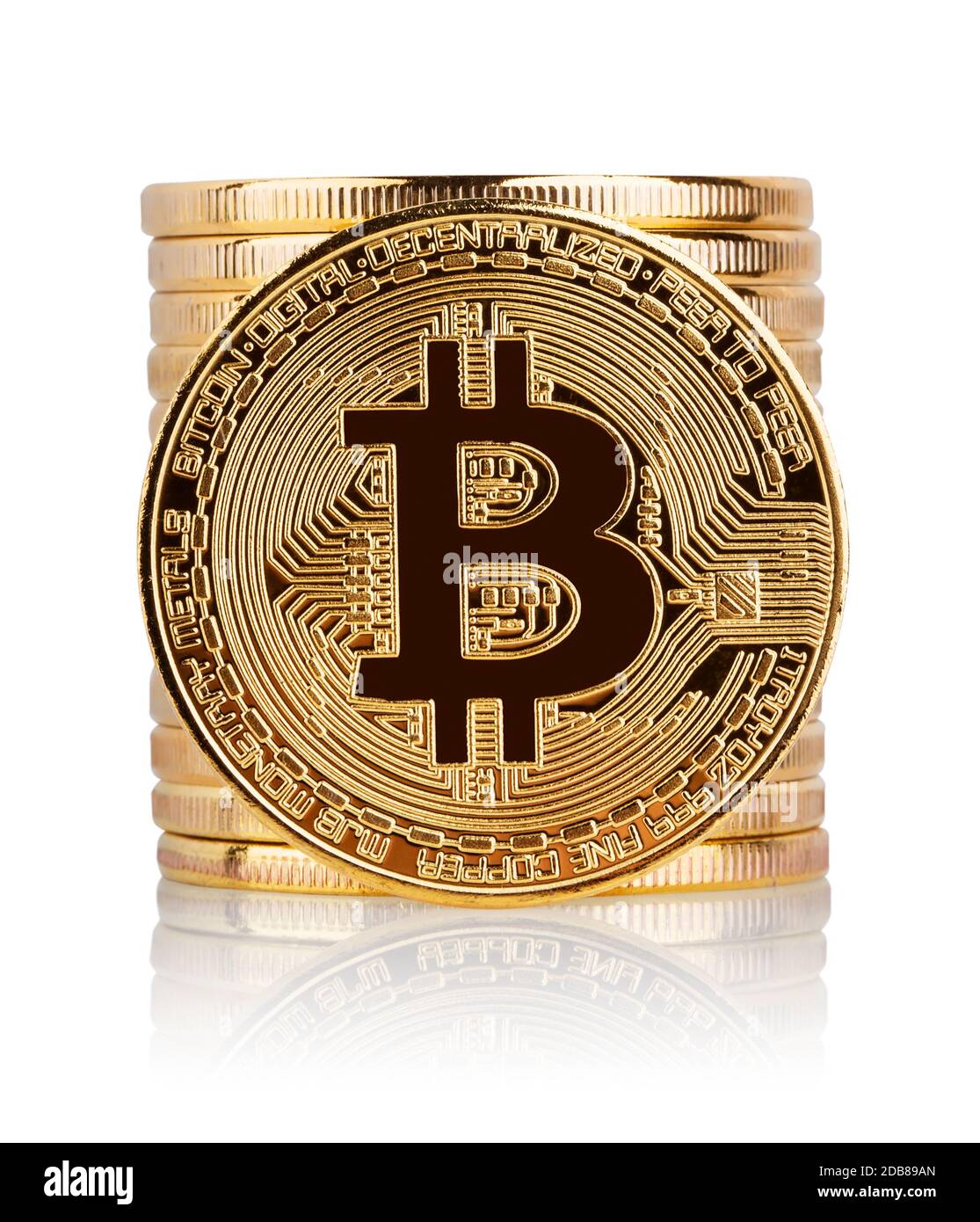 Stack and front side of virtual currency bitcoin isolated on white ...