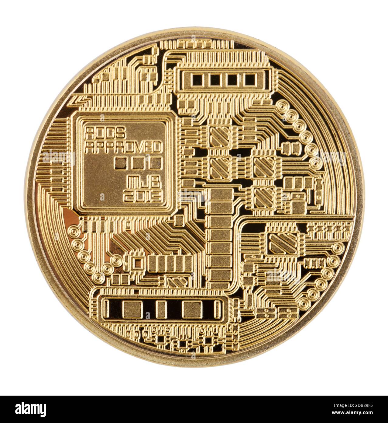 Reverse side of crypto currency golden bitcoin isolated on white ...