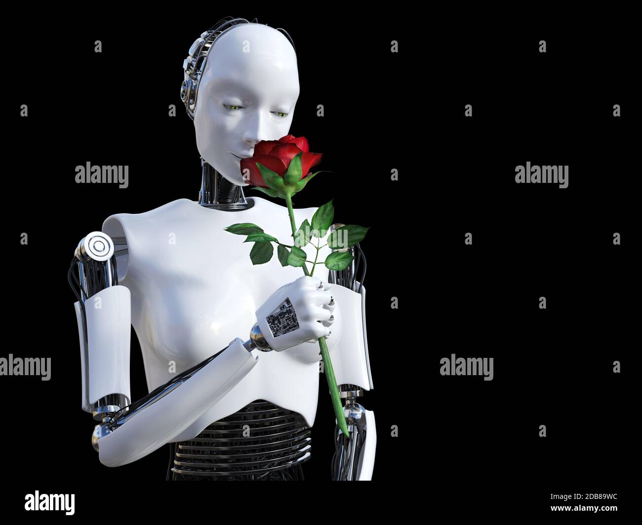 3D rendering of a female robot holding a red rose that she is smelling ...