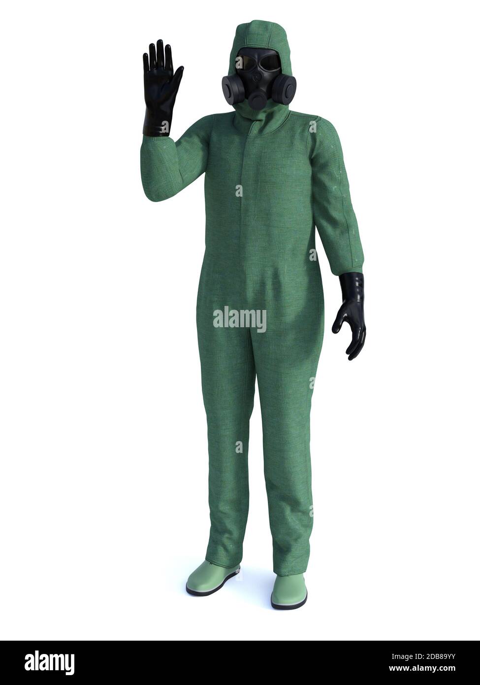 3D rendering of person wearing green hazmat suit holding up his hand ...