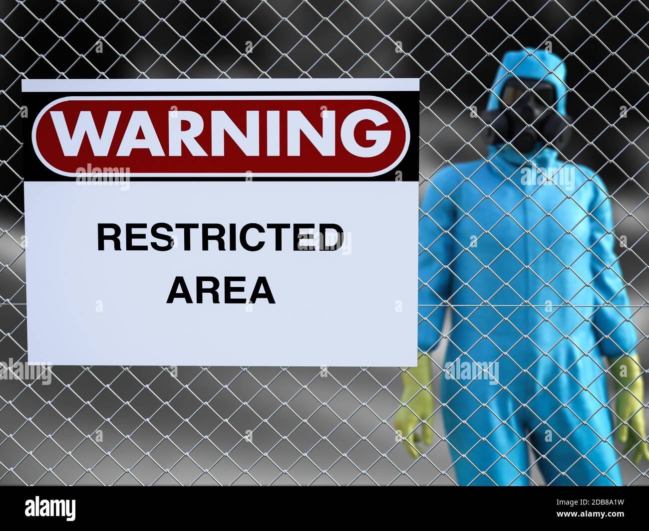 3D rendering of person wearing hazmat suit behind a wire steel fence ...