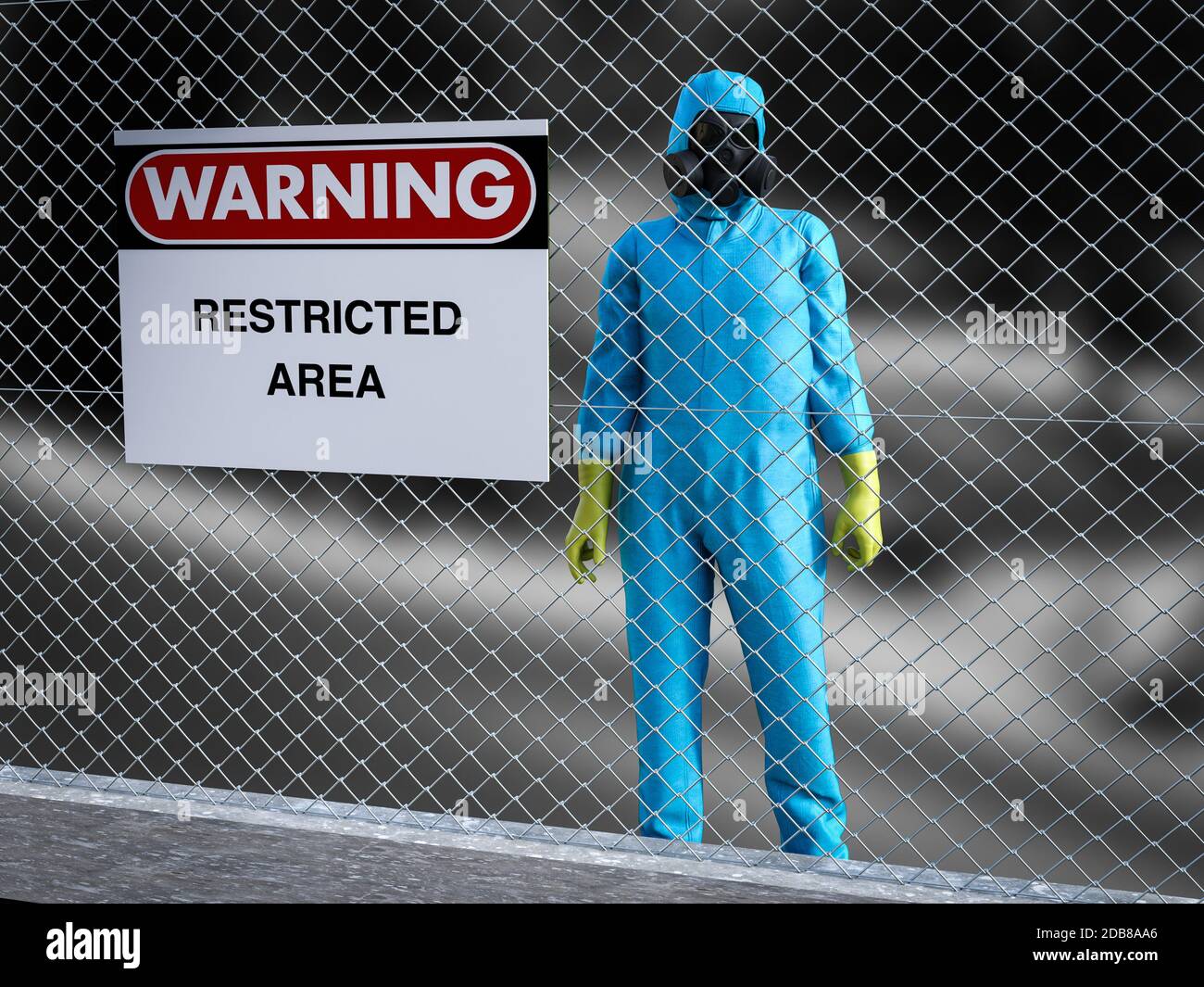3D rendering of person wearing hazmat suit behind a wire steel fence ...