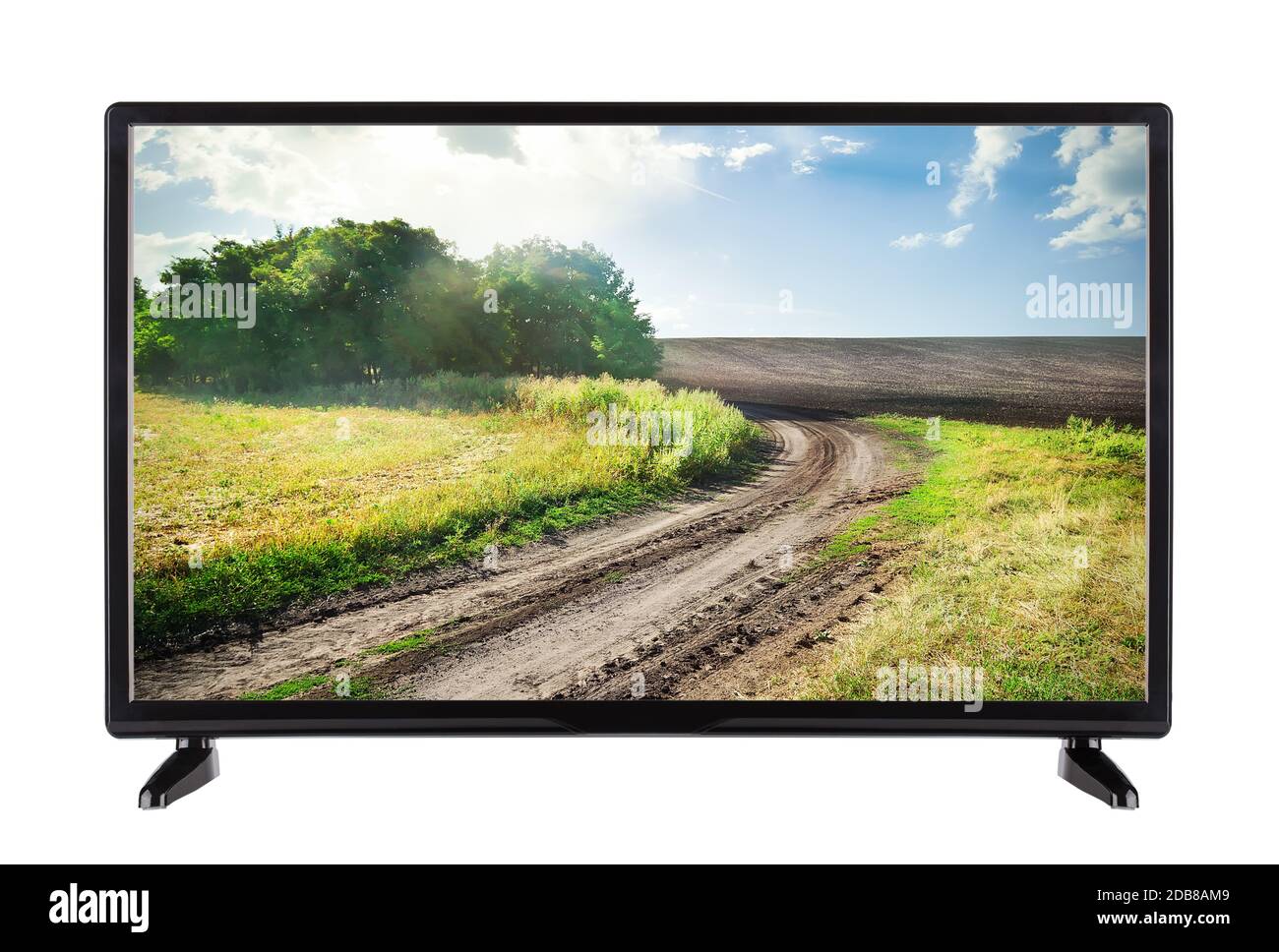 Flat-screen TV with high resolution and scenery with road. Isolated on ...