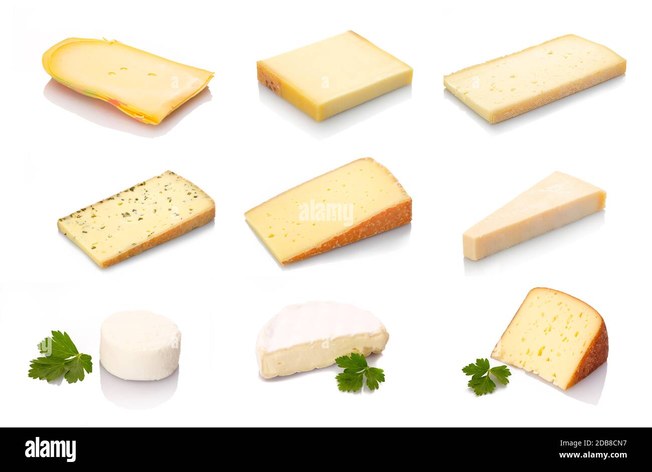 Different kind of cheese display white isolated Stock Photo - Alamy