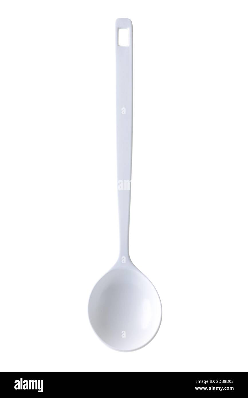 A front view of a white serving spoon ladle on white with clipping path ...