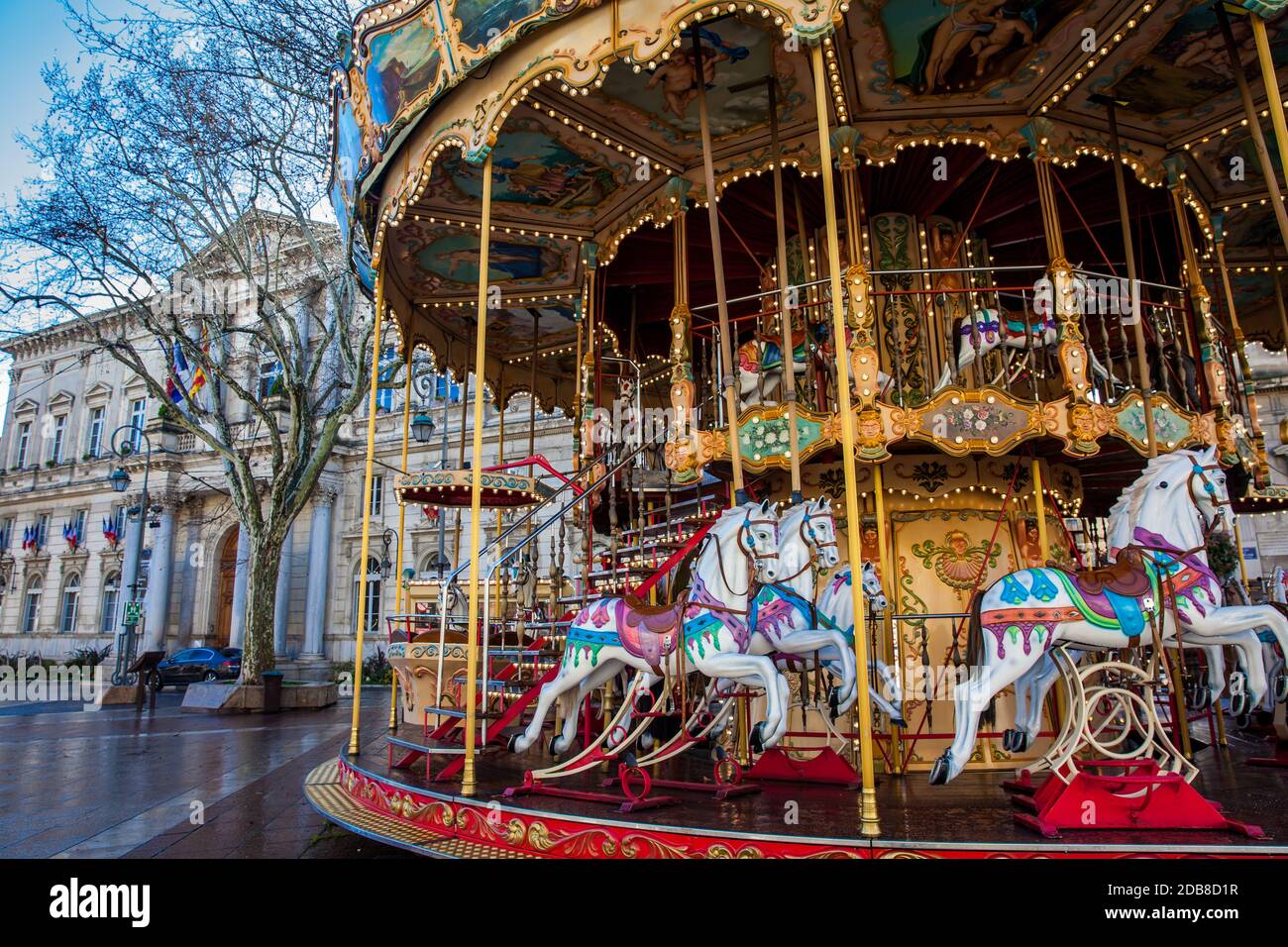 AVIGNON - MARCH, 2018: French old-fashioned style carousel with stairs ...
