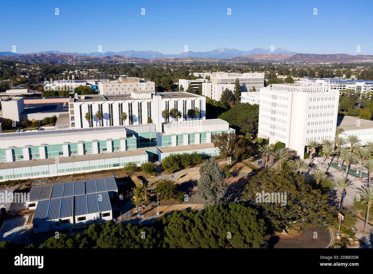 Aerial view above the California State University at Fullerton campus ...