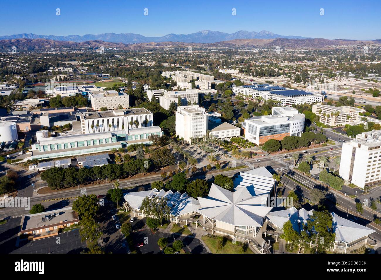 Aerial view above the California State University at Fullerton campus ...